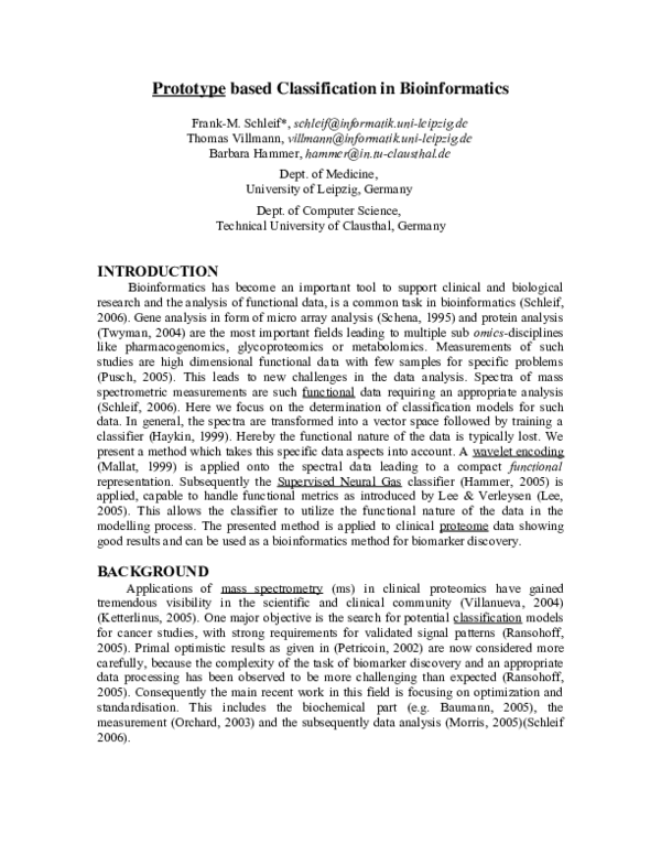 (PDF) Prototype Based Classification in Bioinformatics