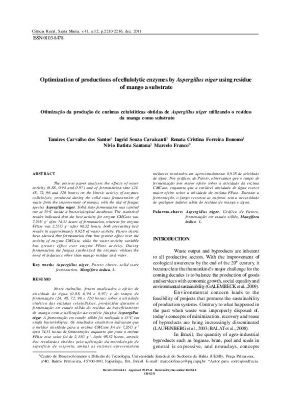 (PDF) Optimization of productions of cellulolytic enzymes by Aspergillus niger using residue of ...