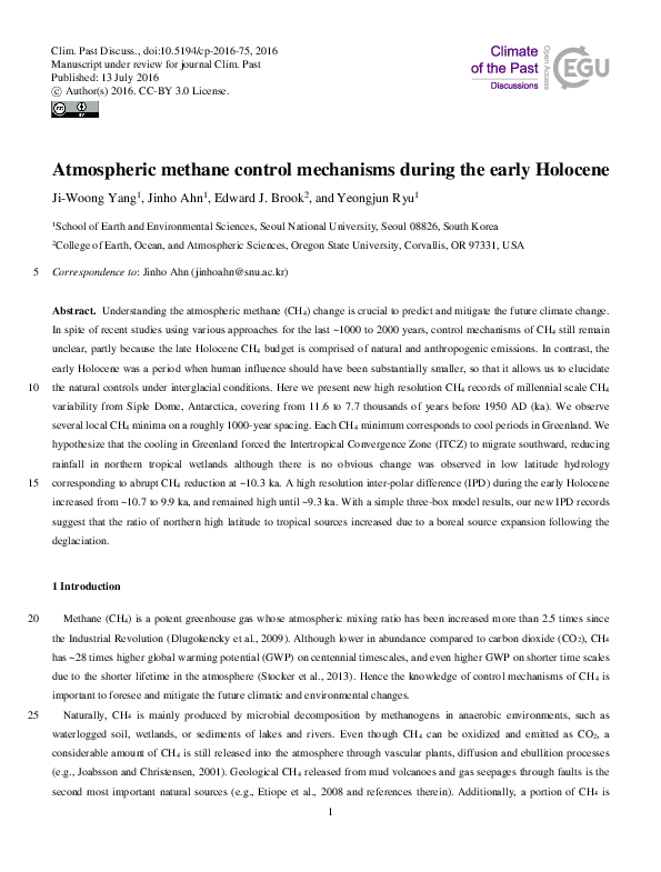 (PDF) Atmospheric methane control mechanisms during the early Holocene