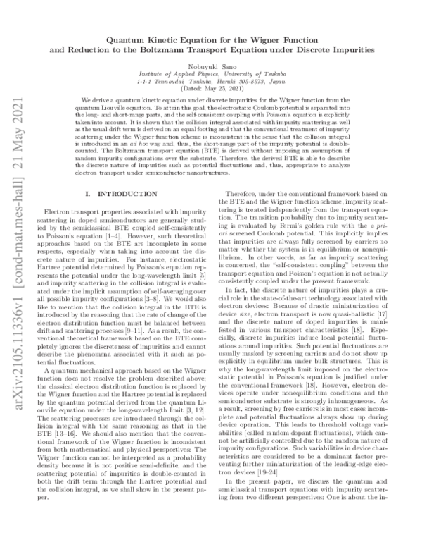 (PDF) Quantum kinetic equation for the Wigner function and reduction to the Boltzmann transport ...