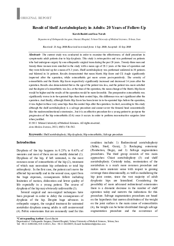 (PDF) Result of shelf acetabuloplasty in adults: 20 years of follow-up