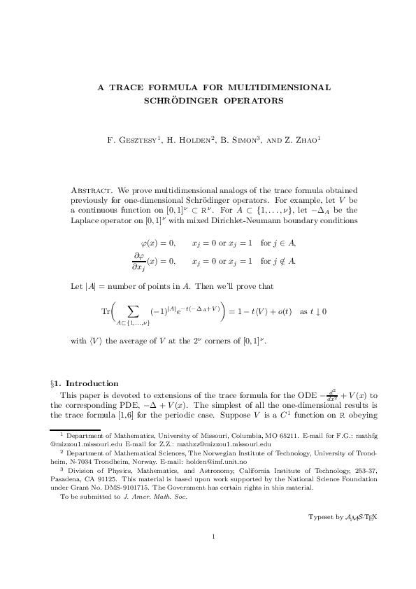 (PDF) A Trace Formula for Multidimensional Schrödinger Operators