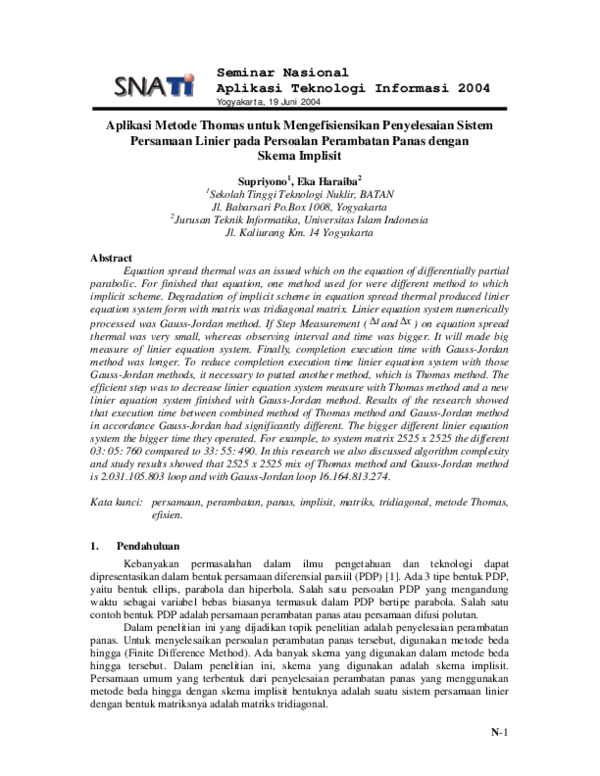 (PDF) Aplikasi Metode Thomas untuk Mengefisiensikan Penyelesaian Sistem ...