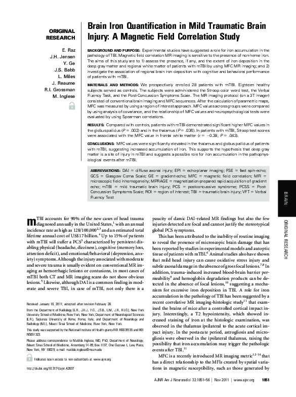 (PDF) Brain Iron Quantification in Mild Traumatic Brain Injury: A ...