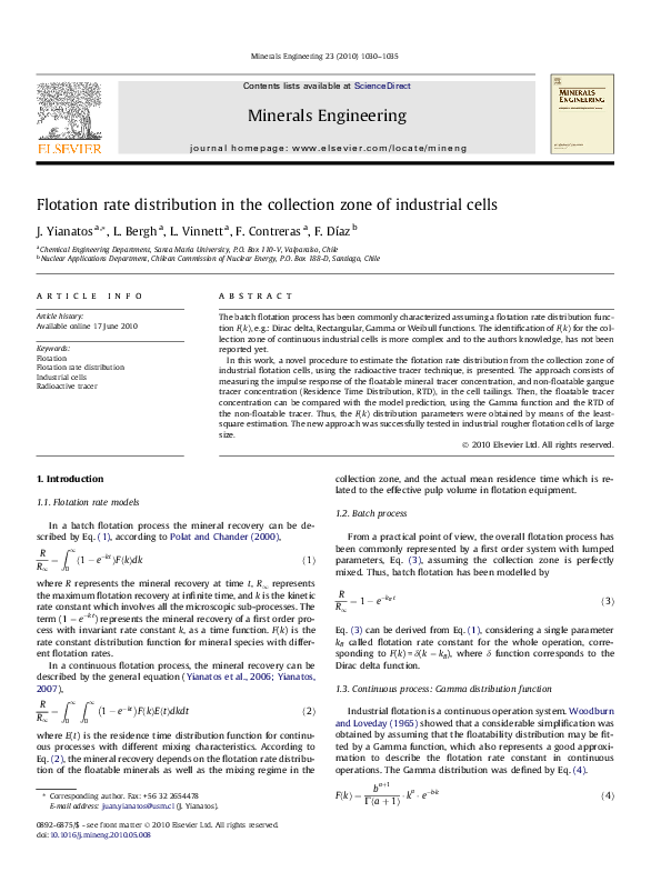 (PDF) Flotation rate distribution in the collection zone of industrial cells
