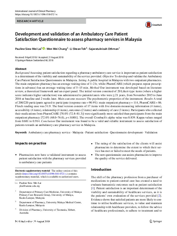 Pdf Development And Validation Of An Ambulatory Care Patient Satisfaction Questionnaire To