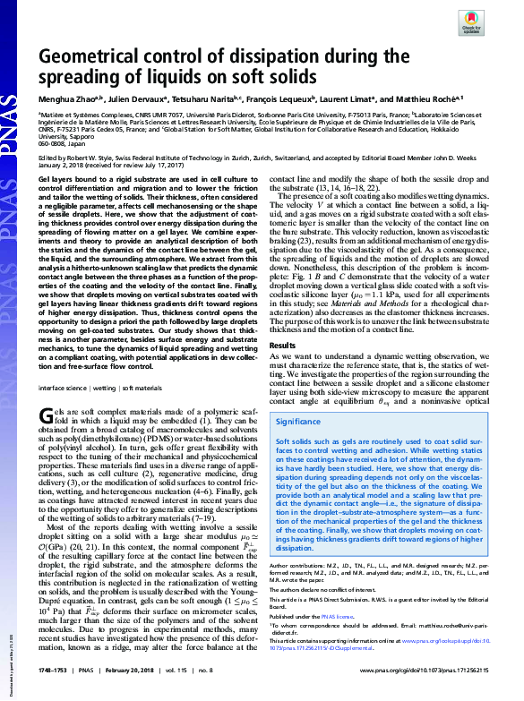 (PDF) Geometrical control of dissipation during the spreading of ...