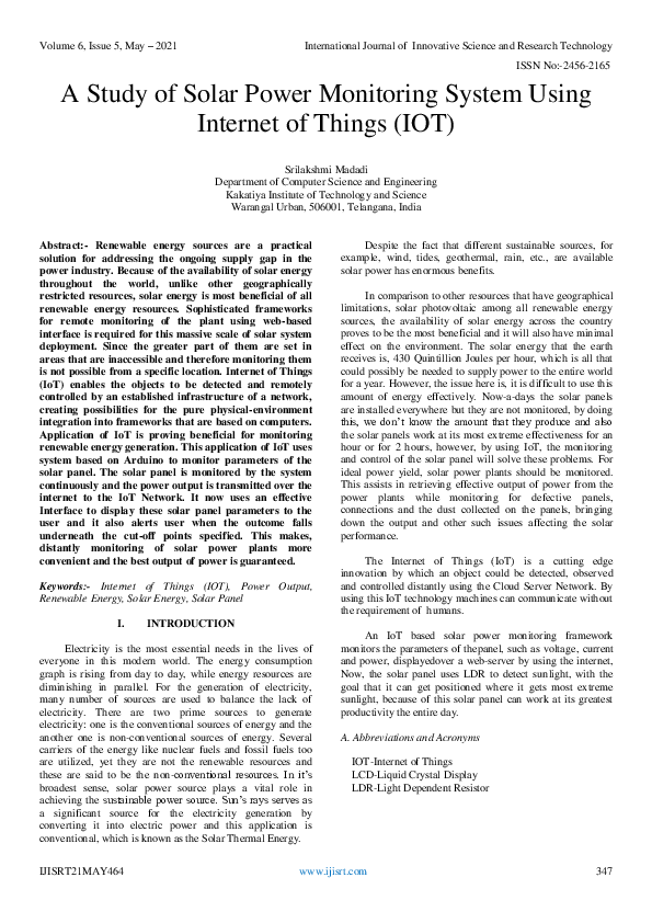 (PDF) A Study of Solar Power Monitoring System Using Internet of Things (IOT