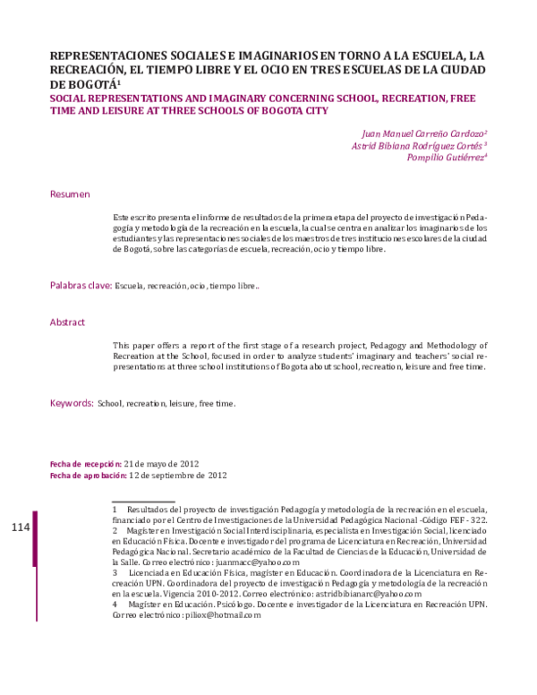 (PDF) Representaciones sociales e imaginarios en torno a la escuela, la recreación, el tiempo ...
