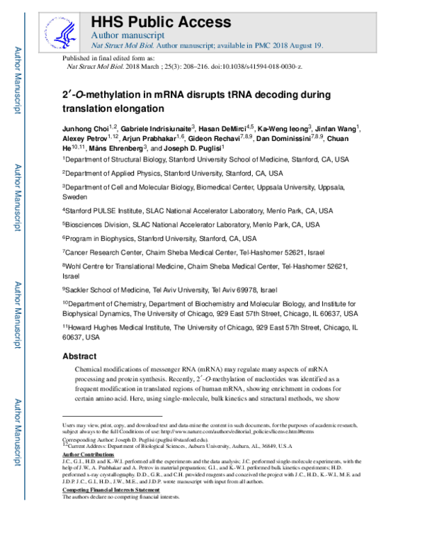(PDF) 2'-O-methylation in mRNA disrupts tRNA decoding during ...