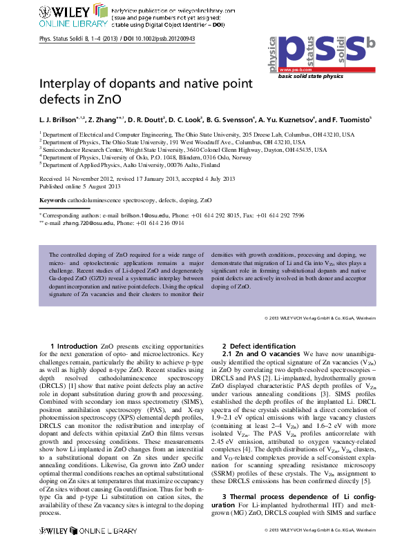(PDF) Interplay of dopants and native point defects in ZnO