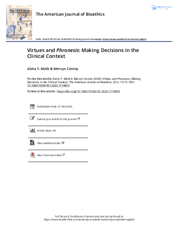 (PDF) Virtues and Phronesis: Making Decisions in the Clinical Context