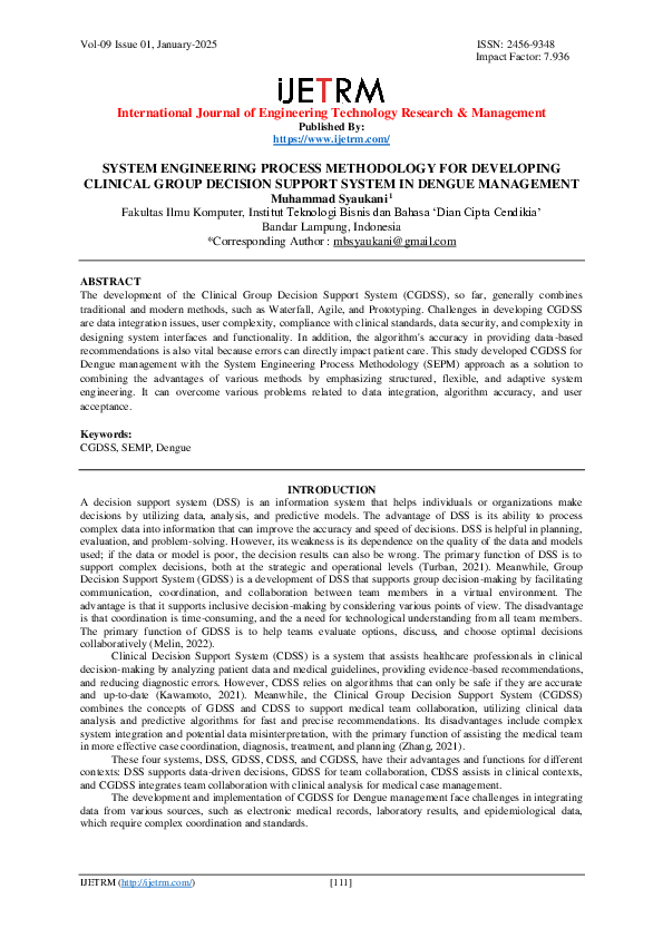 (PDF) SYSTEM ENGINEERING PROCESS METHODOLOGY FOR DEVELOPING CLINICAL ...