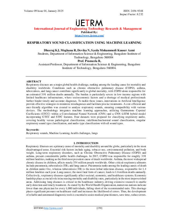 (PDF) RESPIRATORY SOUND CLASSIFICATION USING MACHINE LEARNING