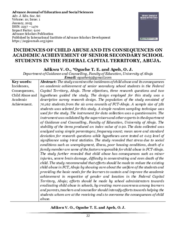 (PDF) INCIDENCES OF CHILD ABUSE AND ITS CONSEQUENCES ON ACADEMIC ...