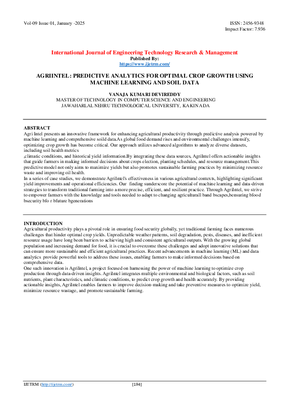 (PDF) AGRIINTEL: PREDICTIVE ANALYTICS FOR OPTIMAL CROP GROWTH USING MACHINE LEARNING AND SOIL DATA