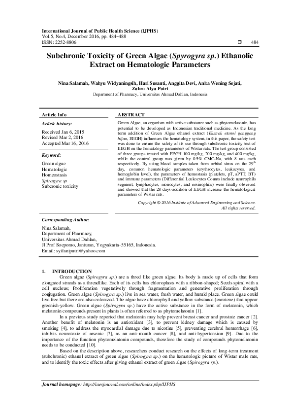 (PDF) Subchronic Toxicity of Green Algae (Spyrogyra sp.) Ethanolic ...