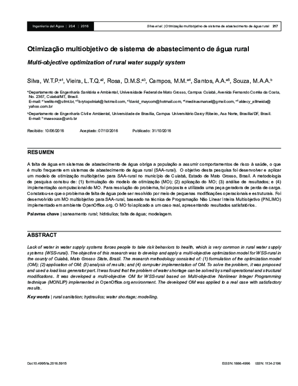 (PDF) Multi-objective optimization of rural water supply system