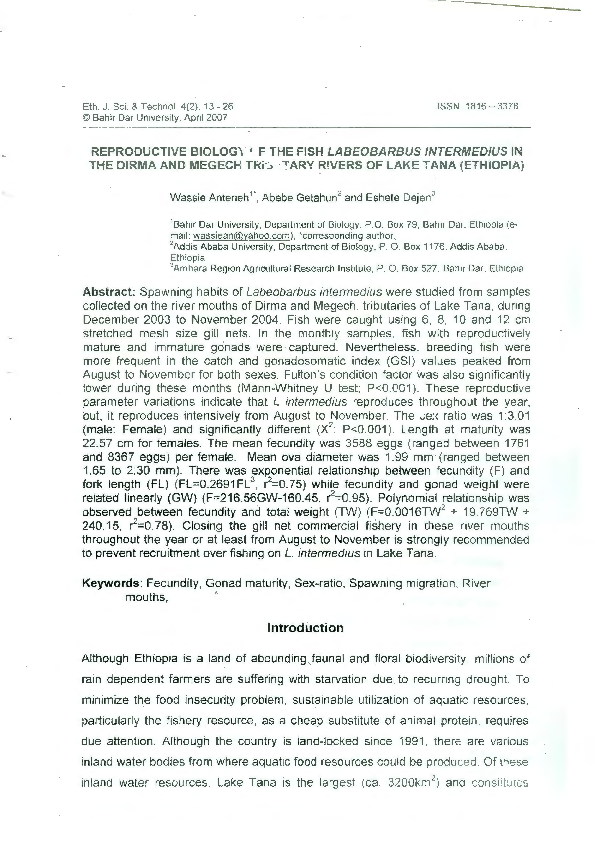 (PDF) Reproductive biology of the fish Labeobarbus intermedius in the ...