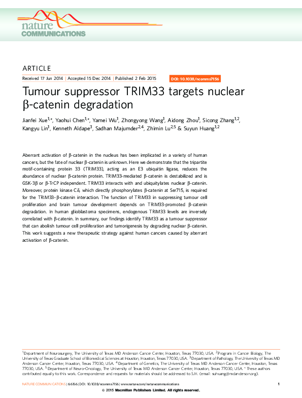 (PDF) Tumour suppressor TRIM33 targets nuclear β-catenin degradation