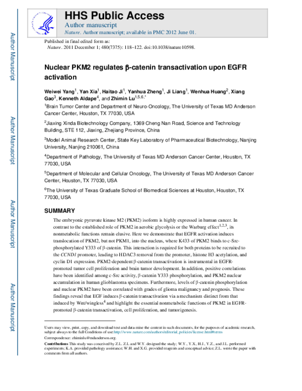 (PDF) Nuclear PKM2 regulates β-catenin transactivation upon EGFR activation