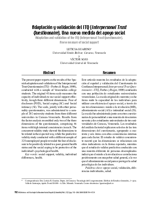 (PDF) Adaptación y validación del ITQ (Interpersonal Trust ...