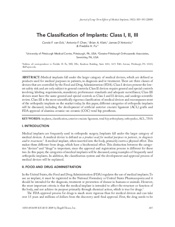 (PDF) The Classification of Implants: Class I, II, III