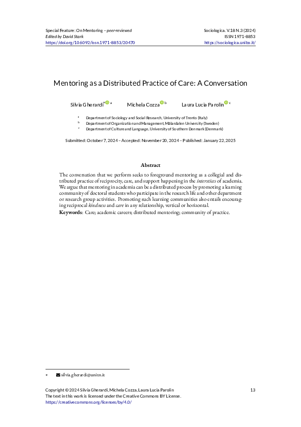 (PDF) Mentoring as a Distributed Practice of Care: A Conversation