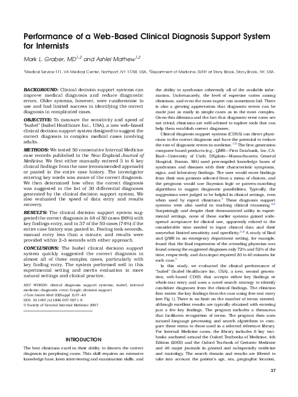 (PDF) Performance of a Web-Based Clinical Diagnosis Support System for Internists