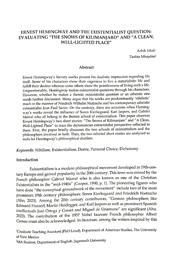 (PDF) Ernest Hemingway and the Existentialist Question: Evaluating “The ...