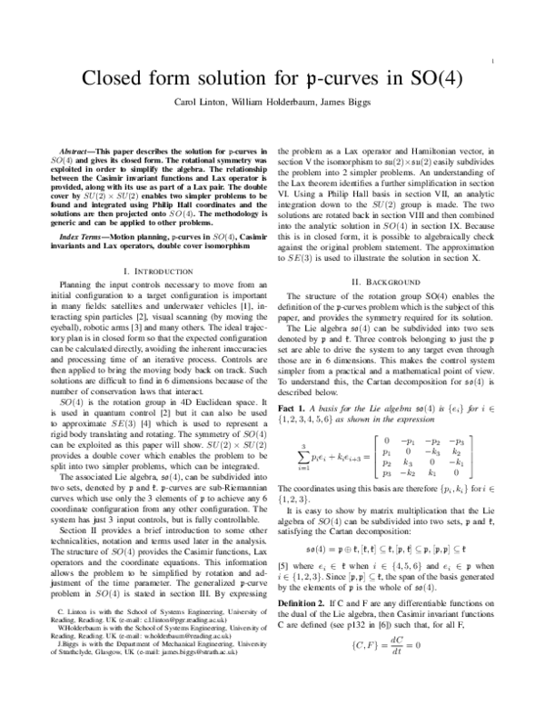 (PDF) Closed form solution for p-curves in SO(4)