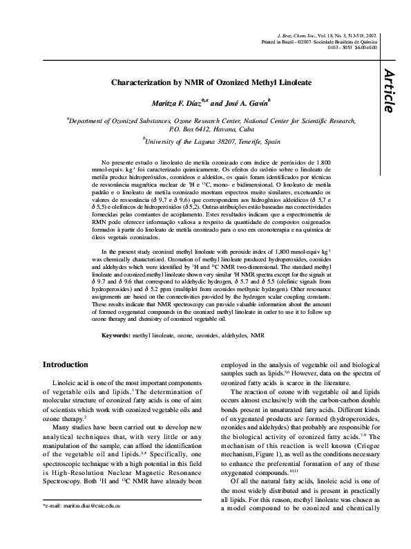 (PDF) Characterization by NMR of Ozonized methyl linoleate