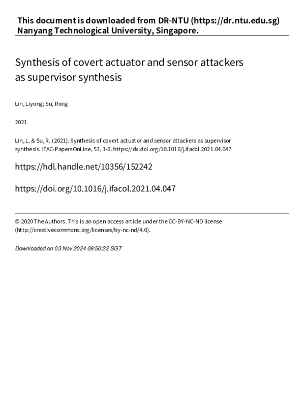 (PDF) Synthesis of Covert Actuator and Sensor Attackers as Supervisor Synthesis
