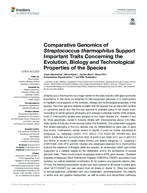 (PDF) Comparative Genomics of Streptococcus thermophilus Support Important Traits Concerning the ...