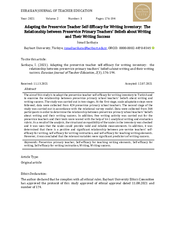 (PDF) Adapting the Preservice Teacher Self-Efficacy for Writing ...