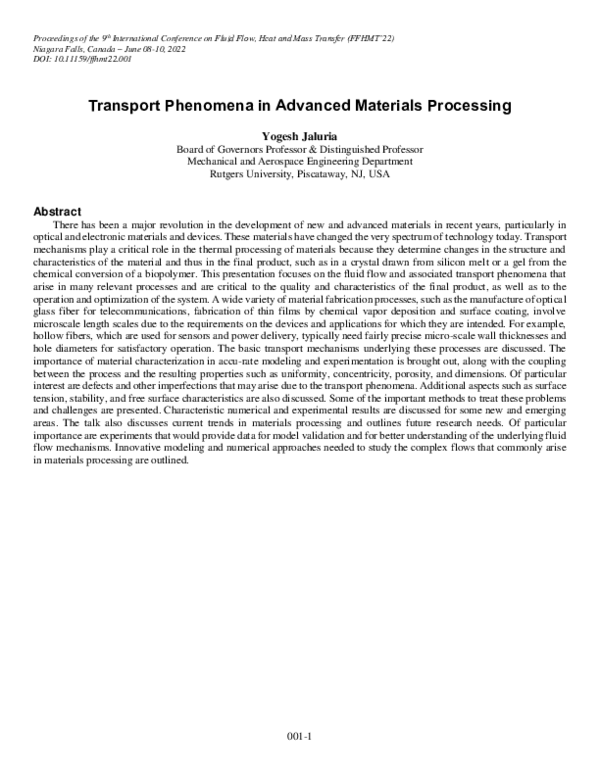 (PDF) Transport Phenomena in Advanced Materials Processing