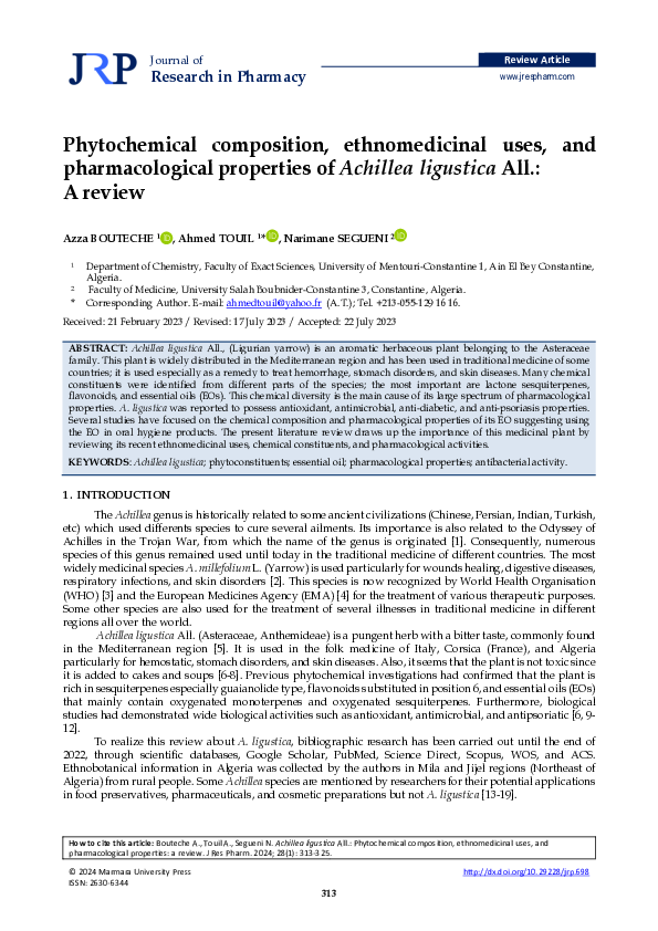 (PDF) Phytochemical composition, ethnomedicinal uses, and pharmacological properties of Achillea ...