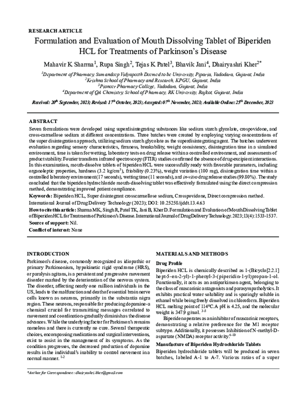 Pdf Formulation And Evaluation Of Mouth Dissolving Tablet Of Biperiden Hcl For Treatments Of