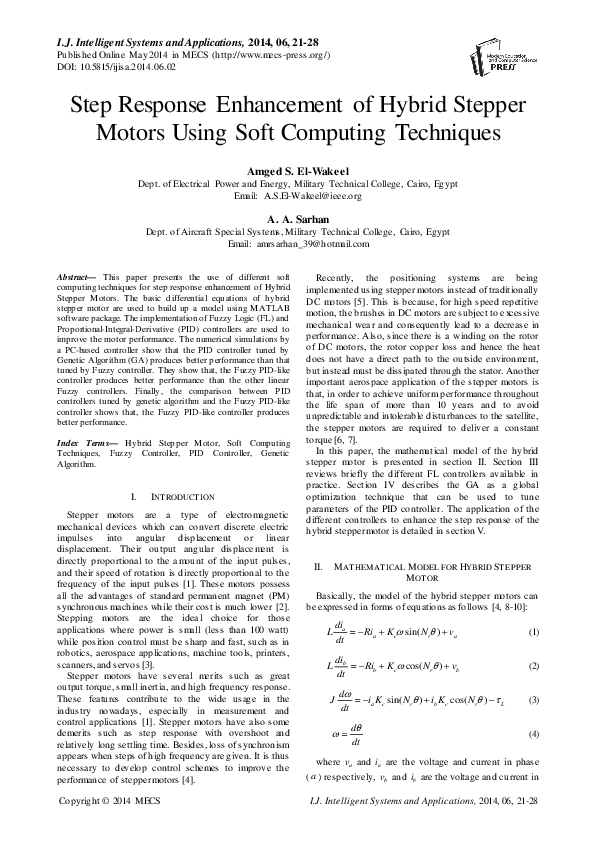 (PDF) Step Response Enhancement of Hybrid Stepper Motors Using Soft Computing Techniques