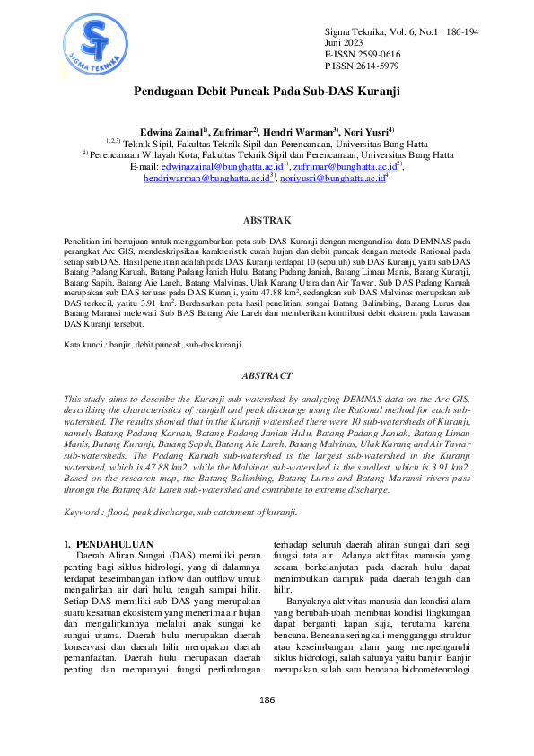 (PDF) Pendugaan Debit Puncak Pada Sub-Das Kuranji