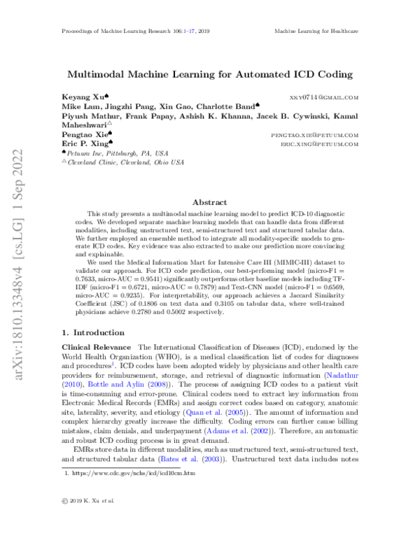 (PDF) Multimodal Machine Learning for Automated ICD Coding