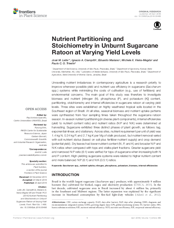 (PDF) Nutrient Partitioning and Stoichiometry in Unburnt Sugarcane ...