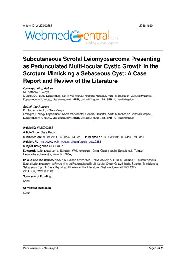 (PDF) Subcutaneous Scrotal Leiomyosarcoma Presenting as Pedunculated ...