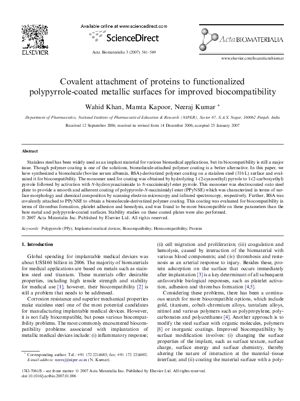 (PDF) Covalent attachment of proteins to functionalized polypyrrole ...