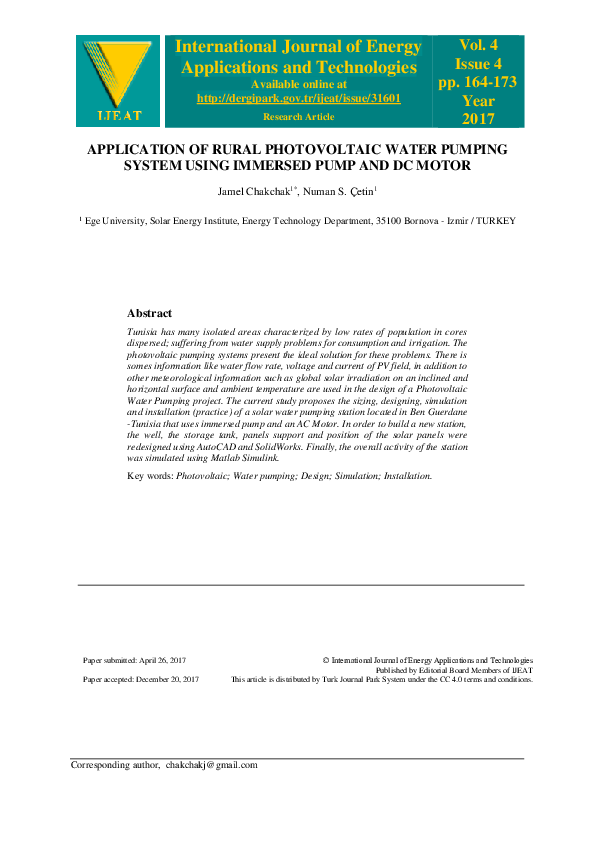 (PDF) Application of Rural Photovoltaic Water Pumping System Using Immersed Pump and DC Motor