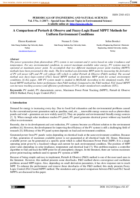 (PDF) A Comparison of Perturb & Observe and Fuzzy-Logic Based MPPT Methods for Uniform ...