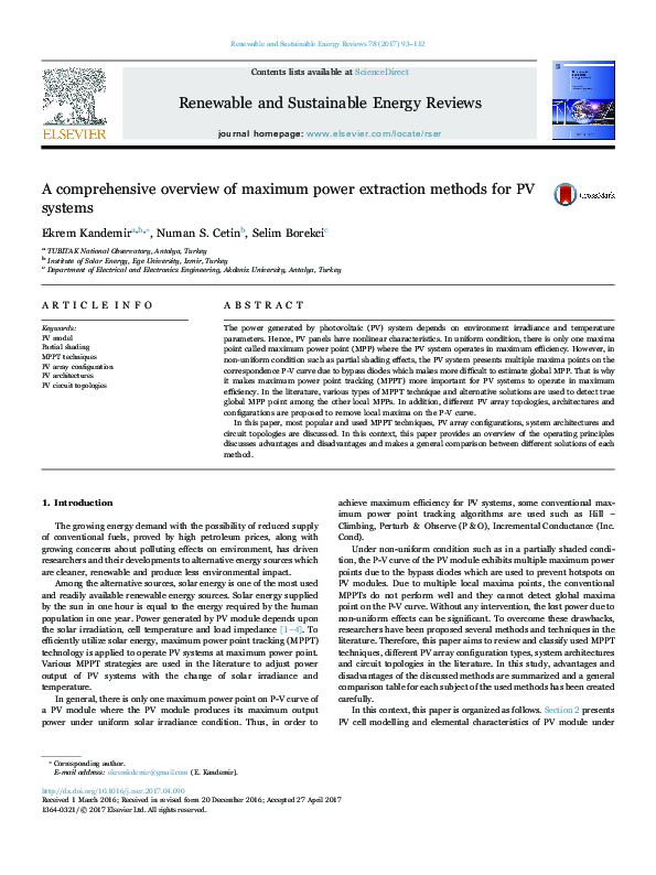 (PDF) A comprehensive overview of maximum power extraction methods for PV systems