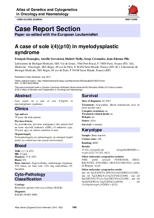(PDF) A case of sole i(4)(p10) in myelodysplastic syndrome