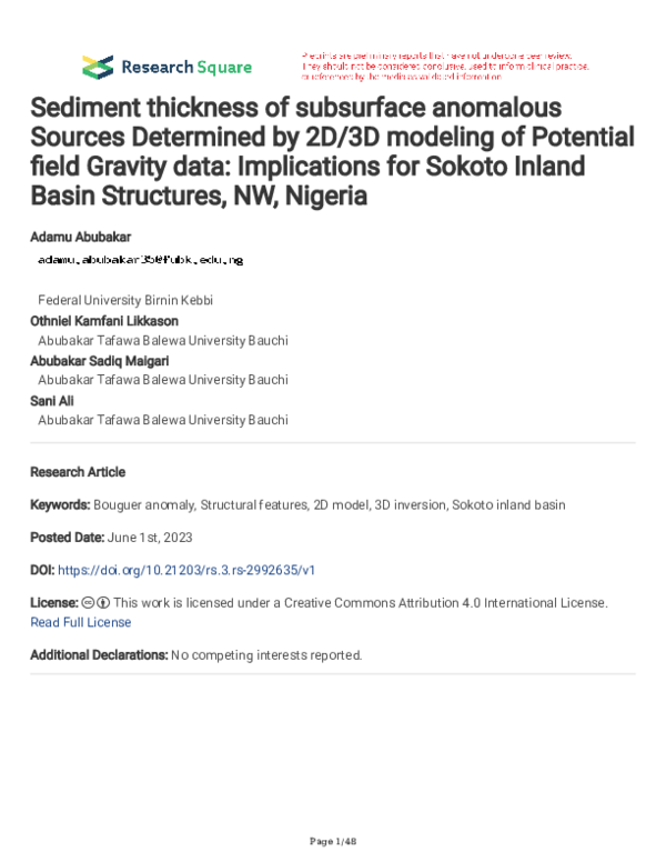 Pdf Sediment Thickness Of Subsurface Anomalous Sources Determined By 2d 3d Modeling Of