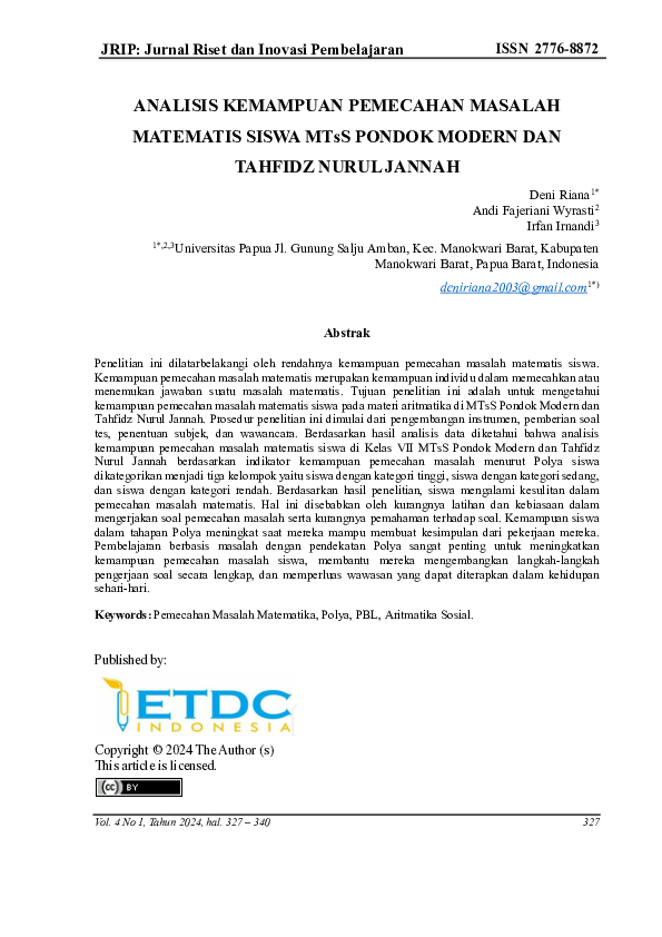 (PDF) Analisis Kemampuan Pemecahan Masalah Matematis Siswa MTsS Pondok Modern Dan Tahfidz Nurul ...